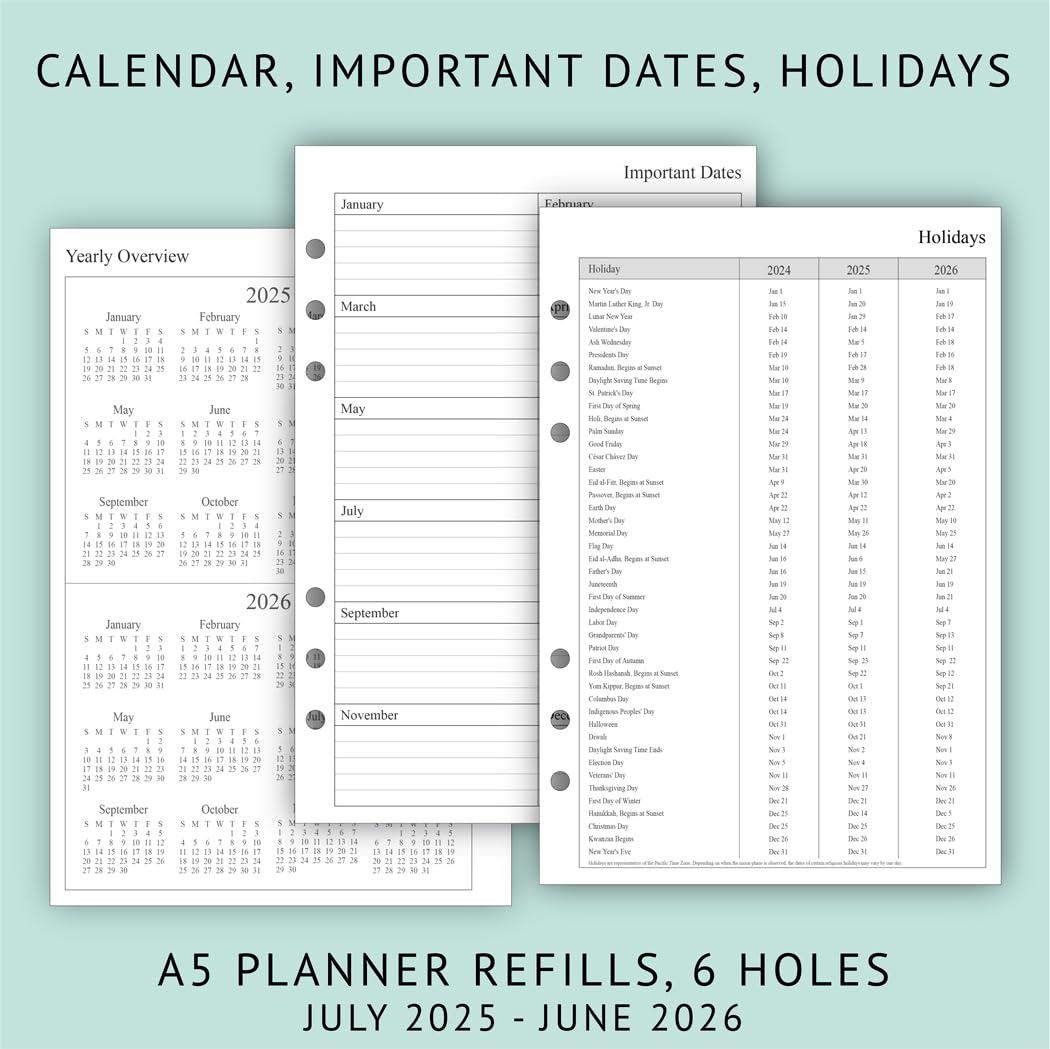2023 Weekly & Monthly Planner Refill for A5 Ring Binder, 5-1/2" x 8-1/4", from January 2023 to December 2023, 6-Hole Punched