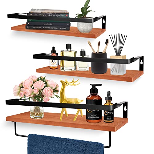 AKEYDIY Floating Shelves Wall Mounted Set of 3, Rustic Wood Wall Shelf with Metal Frame, Towel Rack for Bedroom, Living Room, Bathroom, Kitchen, Office and More