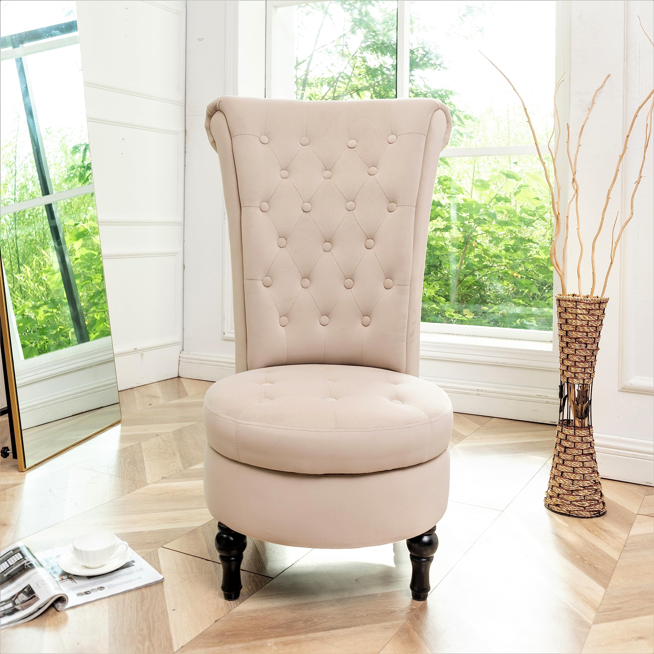 Container Furniture Direct Royal High-Back Velvet Accent Chair for Vanity with Storage and Luxurious Upholstery, Retro Design and Versatile Usage for Living Room, Bedroom, Lounge and Office, Ivory