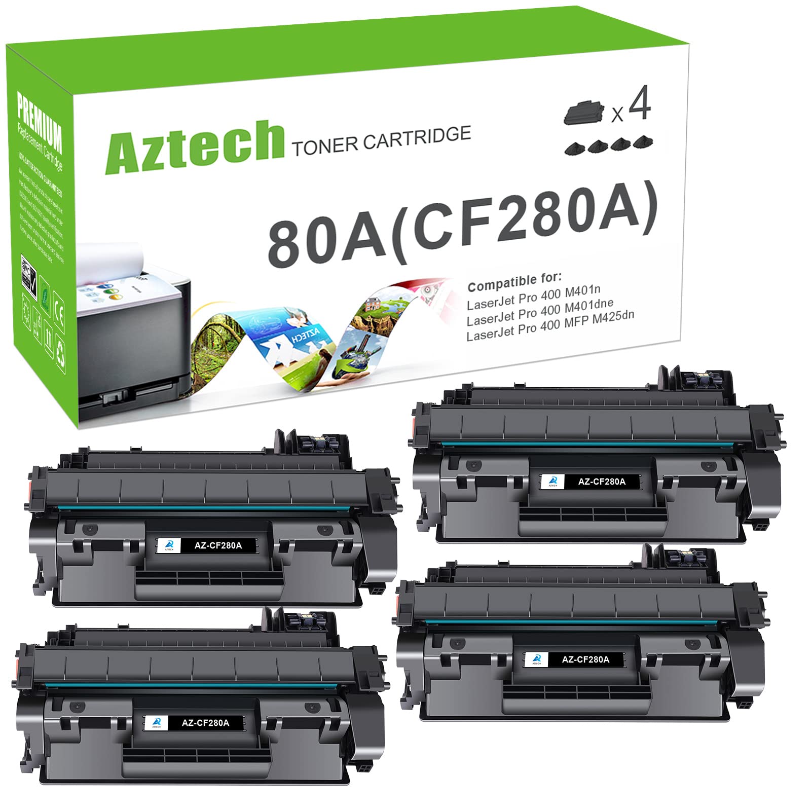 Aztech Compatible Toner Cartridge Replacement for HP 80A CF280A 80X CF280X for HP Pro 400 M401A M401D M401N M401DNE MFP M425DN Printer Ink(Black, 4-Pack)