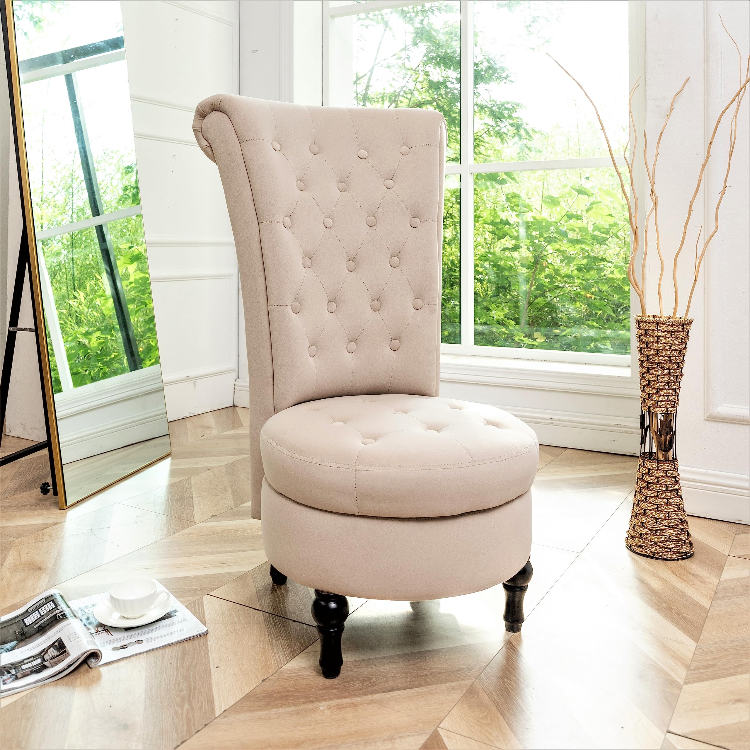 Container Furniture Direct Royal High-Back Velvet Accent Chair for Vanity with Storage and Luxurious Upholstery, Retro Design and Versatile Usage for Living Room, Bedroom, Lounge and Office, Ivory