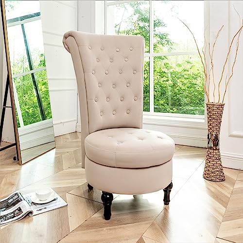 Container Furniture Direct Royal High-Back Velvet Accent Chair for Vanity with Storage and Luxurious Upholstery, Retro Design and Versatile Usage for Living Room, Bedroom, Lounge and Office, Ivory