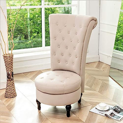 Container Furniture Direct Royal High-Back Velvet Accent Chair for Vanity with Storage and Luxurious Upholstery, Retro Design and Versatile Usage for Living Room, Bedroom, Lounge and Office, Ivory