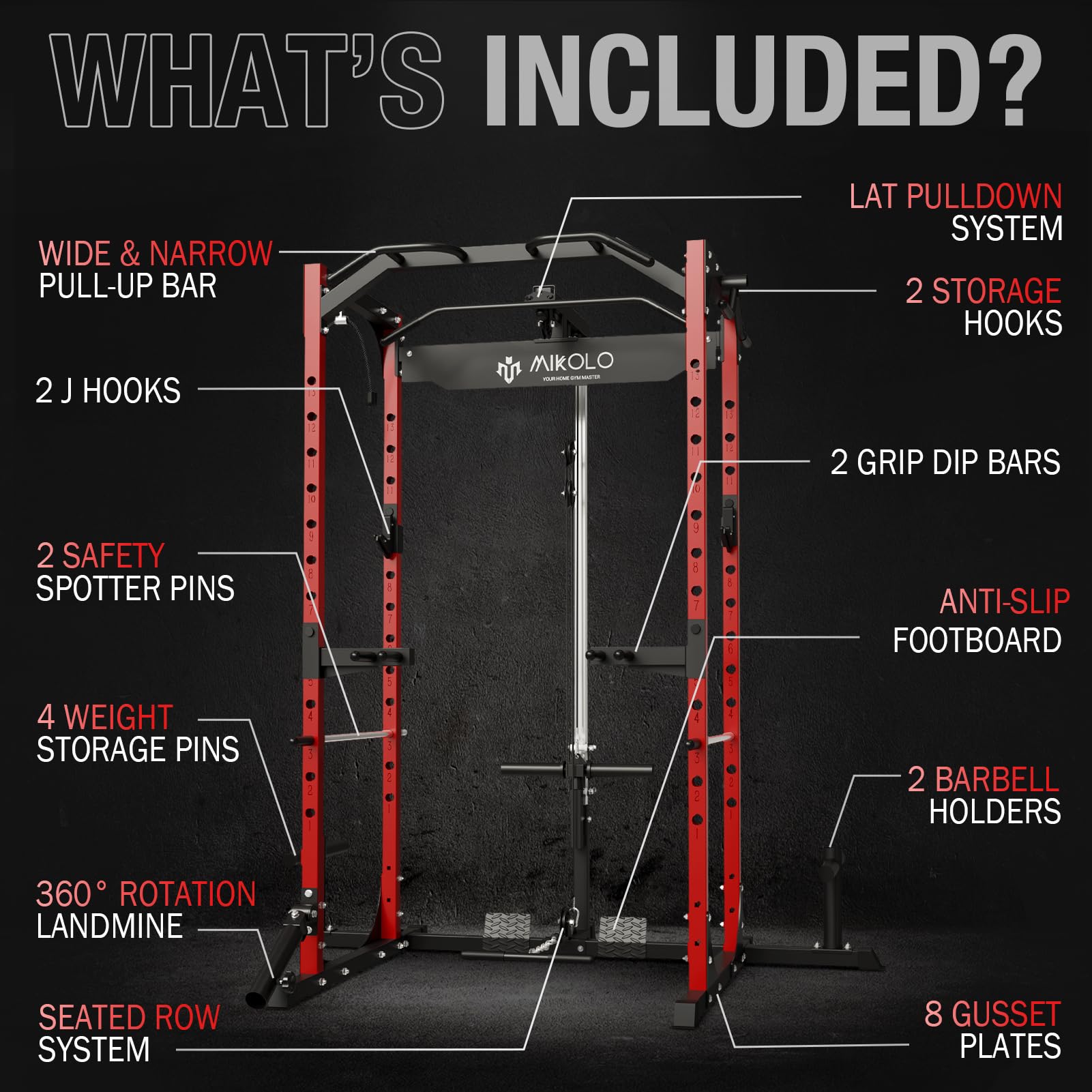 Mikolo Power Cage, Power Rack with LAT Pulldown, 1200 Pounds Capacity Workout Cage with More Training Attachments, Garage & Home Gym Package (Red)