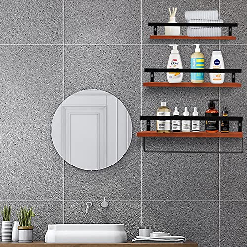 AKEYDIY Floating Shelves Wall Mounted Set of 3, Rustic Wood Wall Shelf with Metal Frame, Towel Rack for Bedroom, Living Room, Bathroom, Kitchen, Office and More
