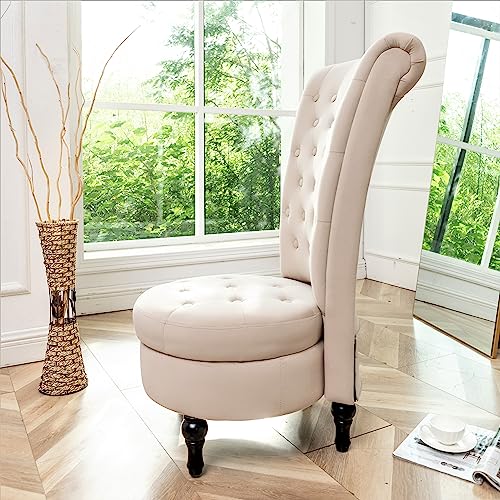 Container Furniture Direct Royal High-Back Velvet Accent Chair for Vanity with Storage and Luxurious Upholstery, Retro Design and Versatile Usage for Living Room, Bedroom, Lounge and Office, Ivory
