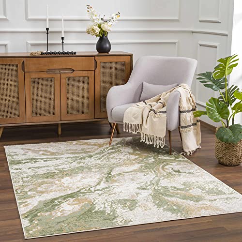 Liverpool Modern Abstract Bedroom Living Room Area Rug - Boho Carpet - Contemporary Bohemian Farmhouse - Green, Brown, Cream, Off White - 5'3" x 7'