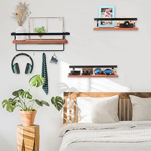 AKEYDIY Floating Shelves Wall Mounted Set of 3, Rustic Wood Wall Shelf with Metal Frame, Towel Rack for Bedroom, Living Room, Bathroom, Kitchen, Office and More