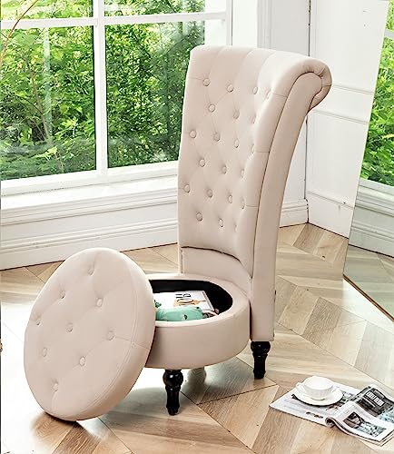 Container Furniture Direct Royal High-Back Velvet Accent Chair for Vanity with Storage and Luxurious Upholstery, Retro Design and Versatile Usage for Living Room, Bedroom, Lounge and Office, Ivory