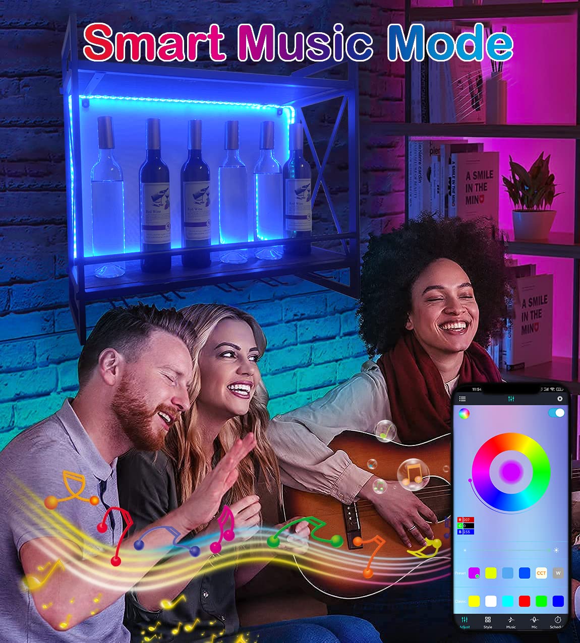 RGB IC LED Wine Racks Wall Mounted, Remote Control and 5 Stem Wine Glass Holders, 23.6 in Industrial Metal Hanging Wine Rack, Rustic Bottle Holder Glass Rack, 2-Tiers Bar Shelves for Home, Dining Room