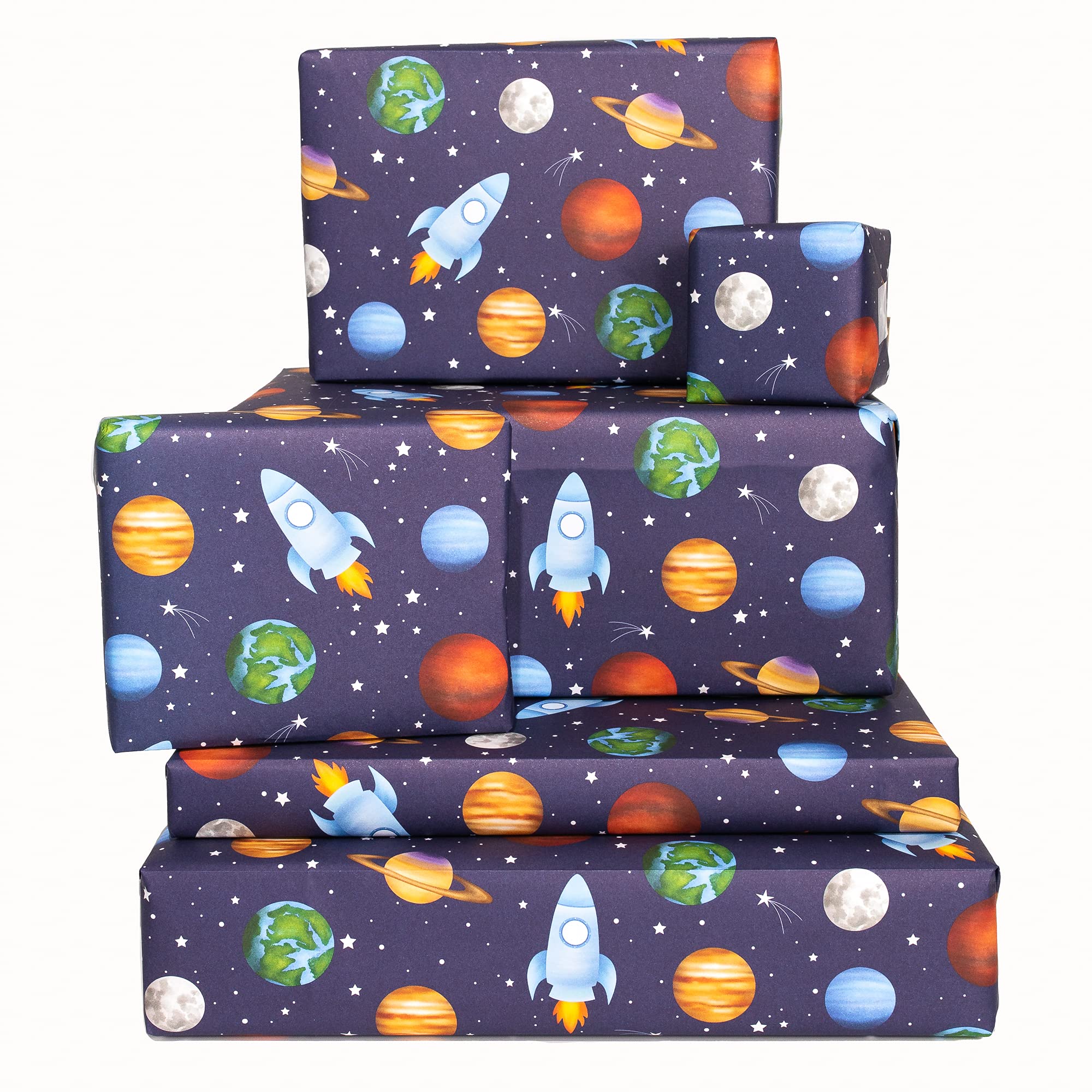 Wrapping Paper for Boys - Kids - Blue - Games (PLANETS IN SPACE)