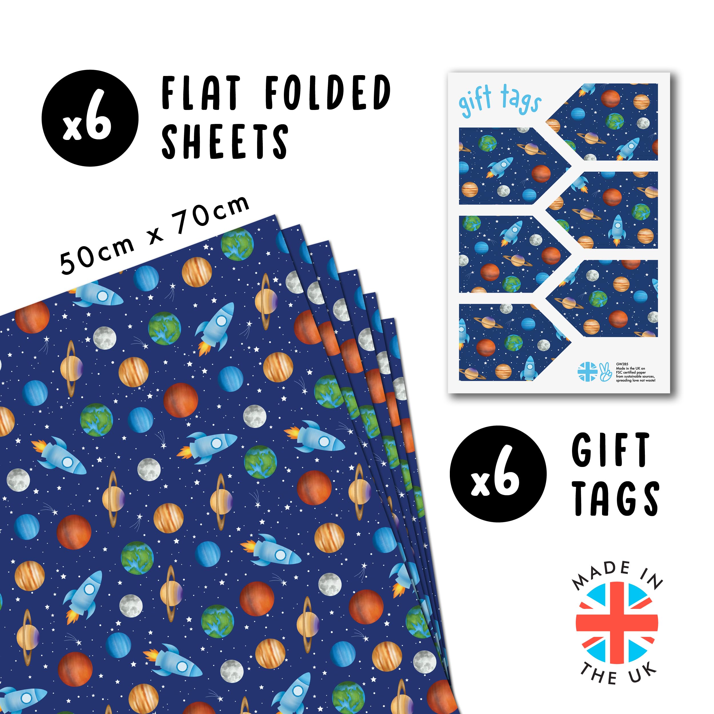 Wrapping Paper for Boys - Kids - Blue - Games (PLANETS IN SPACE)