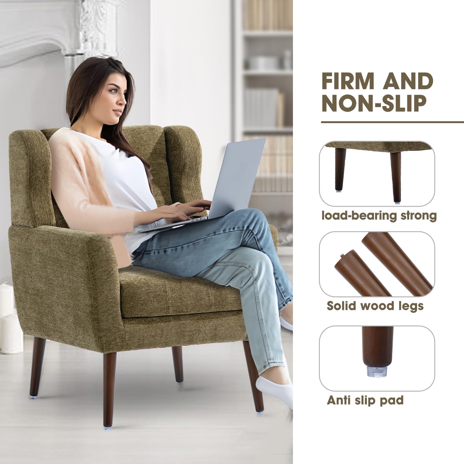 cinkehome Accent Arm Chairs for Living Room, Chenille Upholstered Mordern Armchair, Comfy Soft Padded Lounge Chair in Small Spaces, Bedroom, Pillow, Solid Wood Leg, Olive Green