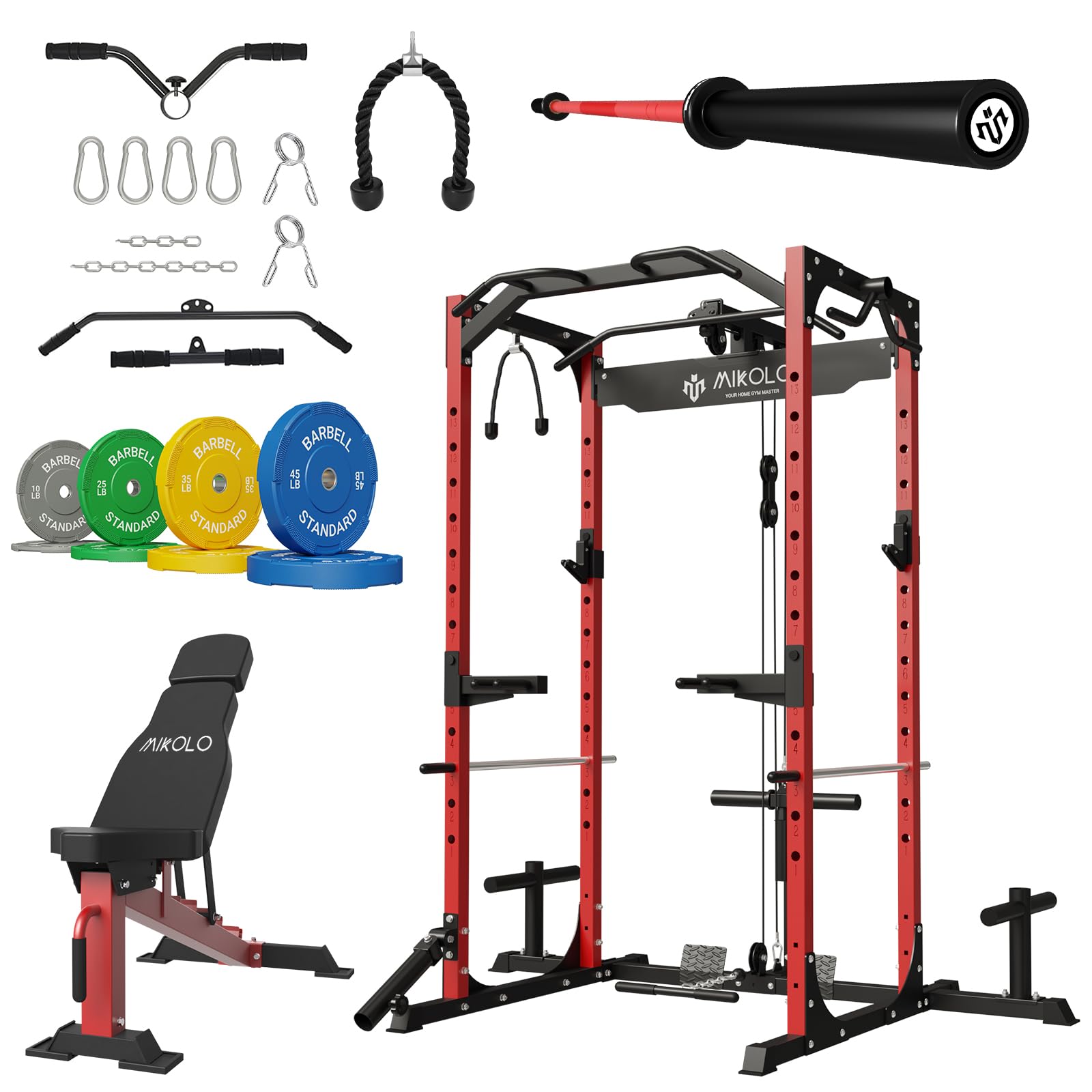 Mikolo Power Cage, Power Rack with LAT Pulldown, 1200 Pounds Capacity Workout Cage with More Training Attachments, Garage & Home Gym Package (Red)
