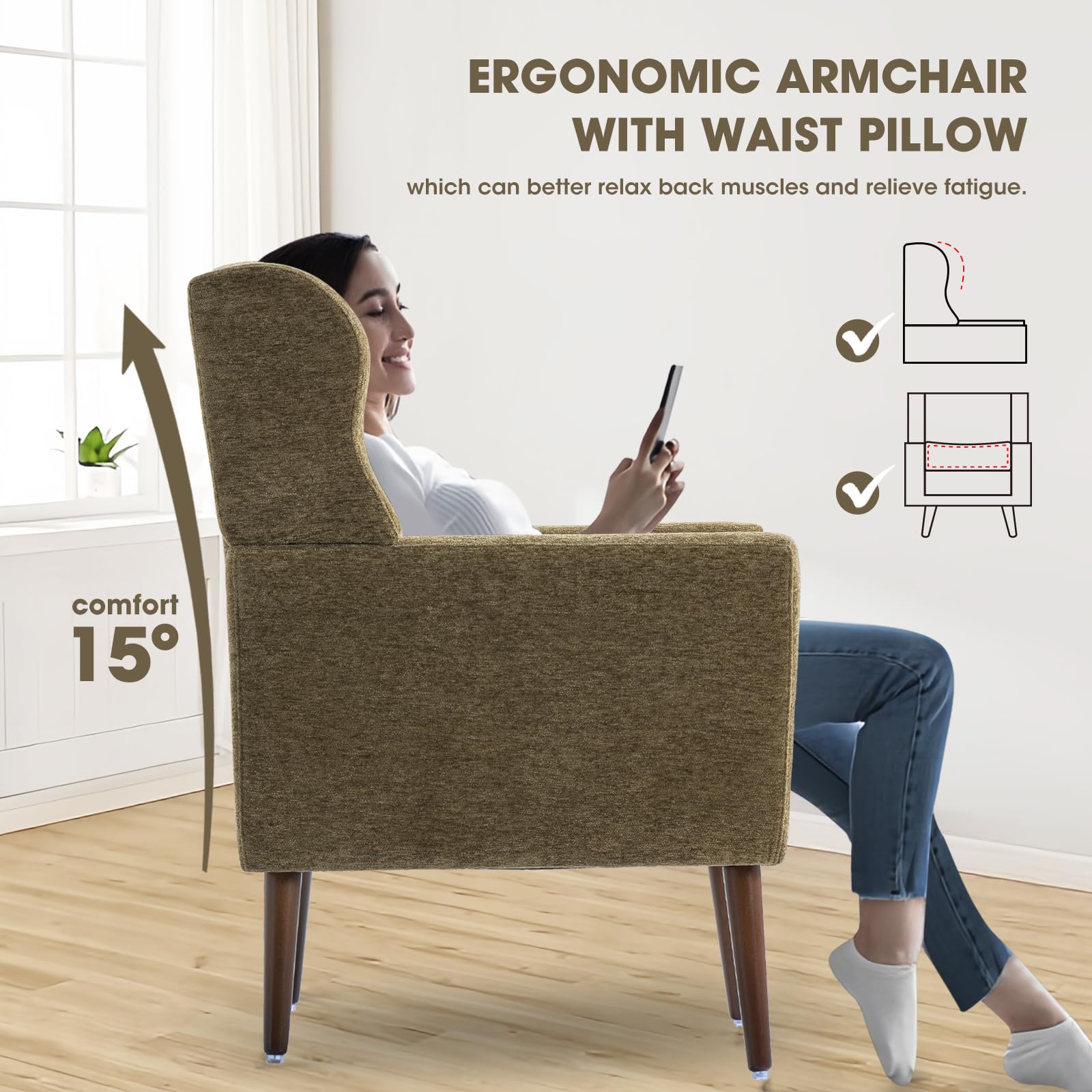 cinkehome Accent Arm Chairs for Living Room, Chenille Upholstered Mordern Armchair, Comfy Soft Padded Lounge Chair in Small Spaces, Bedroom, Pillow, Solid Wood Leg, Olive Green