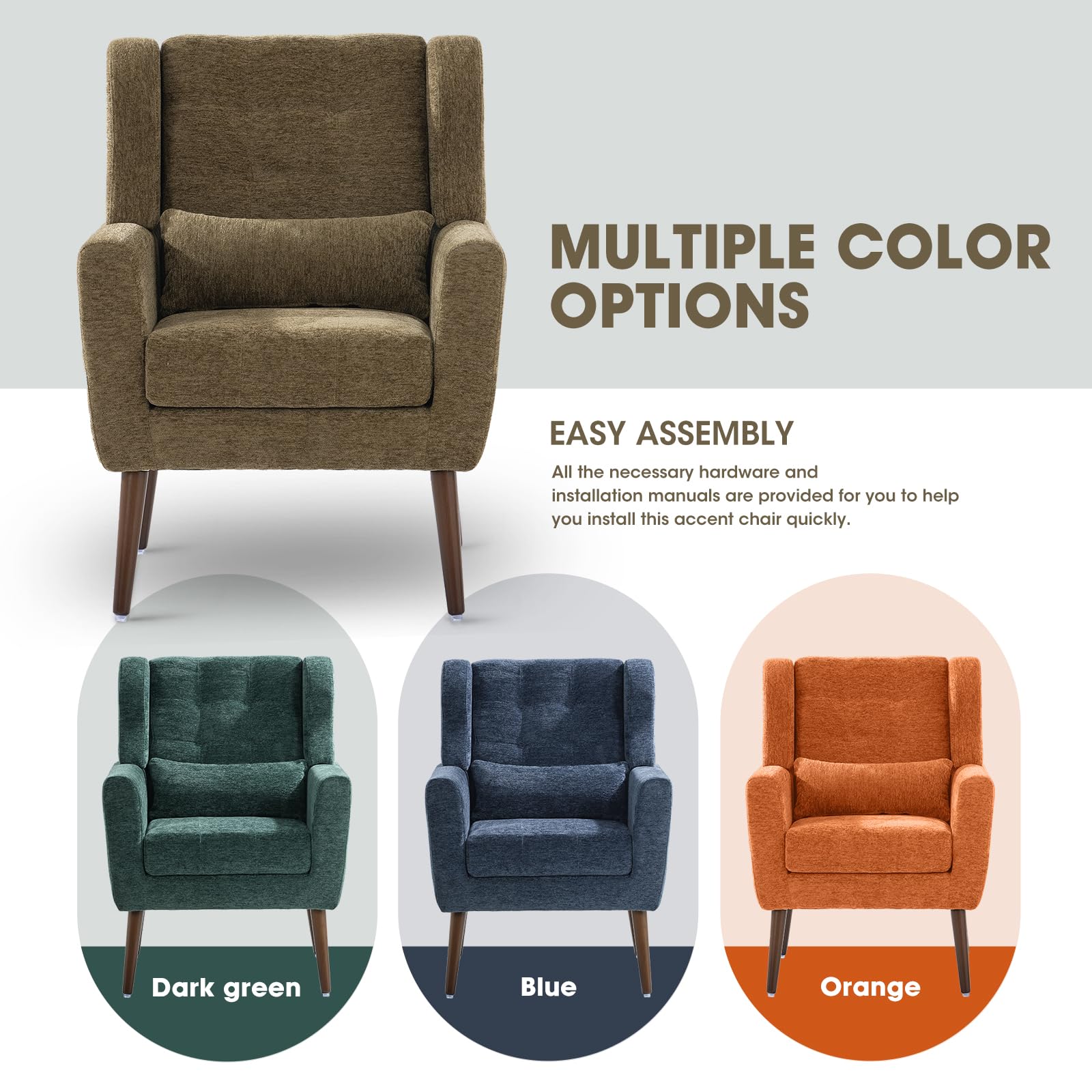 cinkehome Accent Arm Chairs for Living Room, Chenille Upholstered Mordern Armchair, Comfy Soft Padded Lounge Chair in Small Spaces, Bedroom, Pillow, Solid Wood Leg, Olive Green