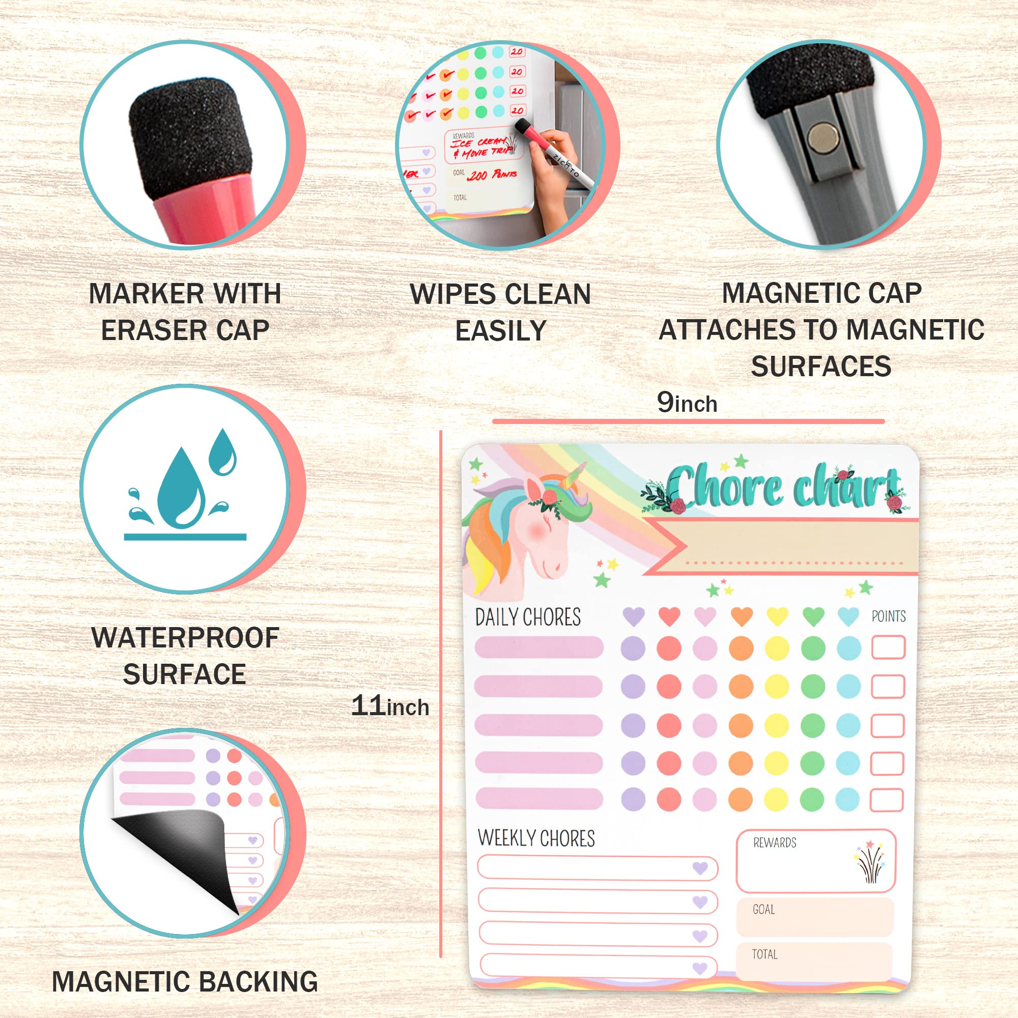 Magnetic Dry Erase Chore Chart for Kids - Perfect to Motivate Your Kids - Simplified 9” x 11” Reward and Behavior Chart for Your Fridge - Teach Responsibility at Home in a Motivating and Simple Way