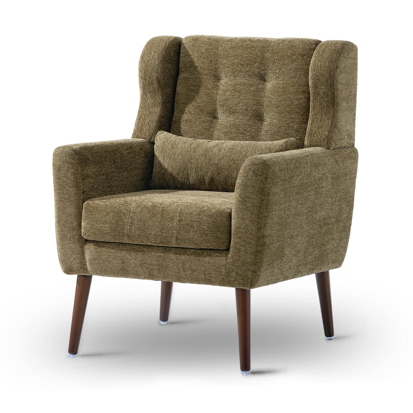 cinkehome Accent Arm Chairs for Living Room, Chenille Upholstered Mordern Armchair, Comfy Soft Padded Lounge Chair in Small Spaces, Bedroom, Pillow, Solid Wood Leg, Olive Green