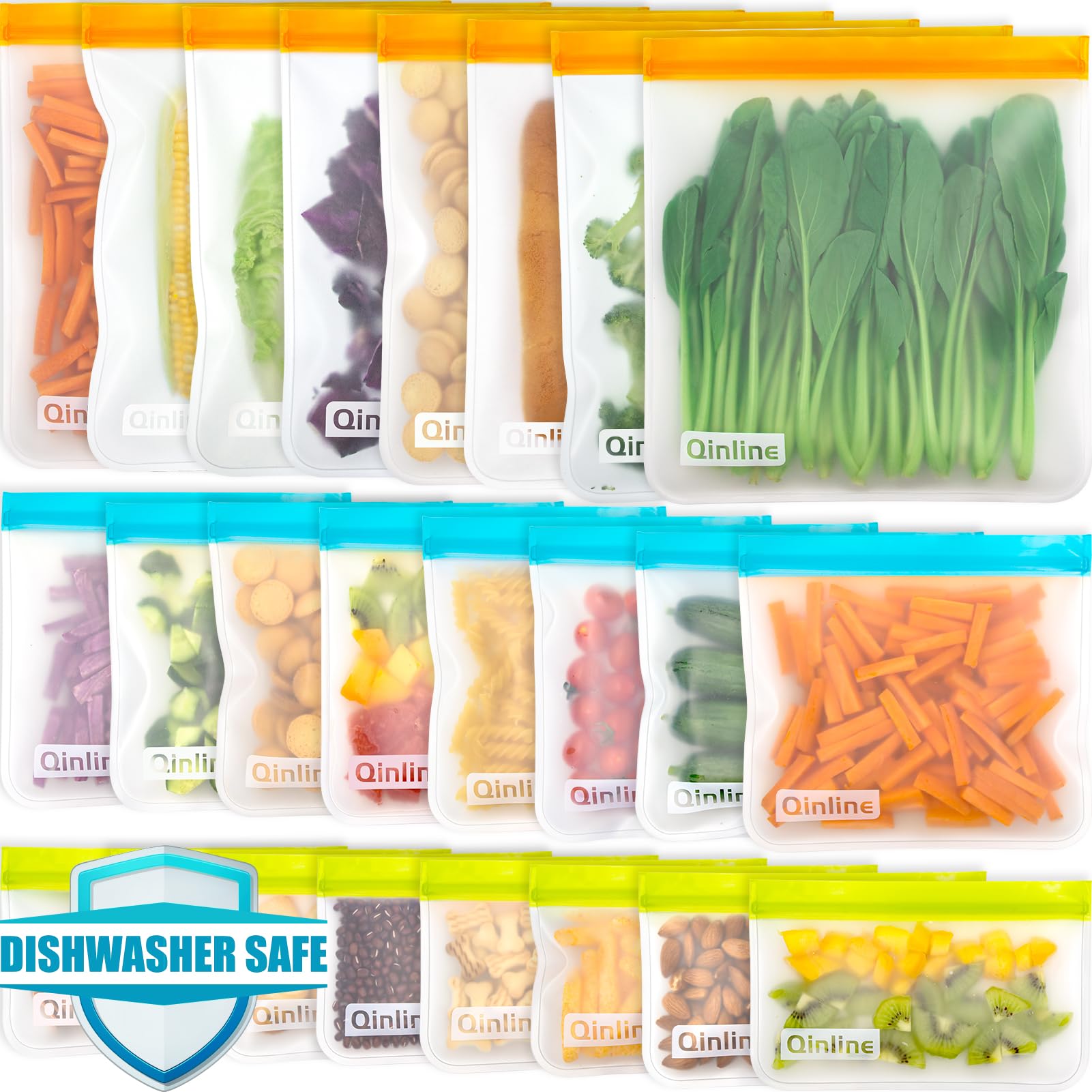 Qinline Reusable Food Storage Bags - 24 Pack BPA FREE Flat Freezer Bags(8 Reusable Gallon Bags + 8 Leakproof Reusable Sandwich Bags + 8 Food Grade Kids Snack Bags)