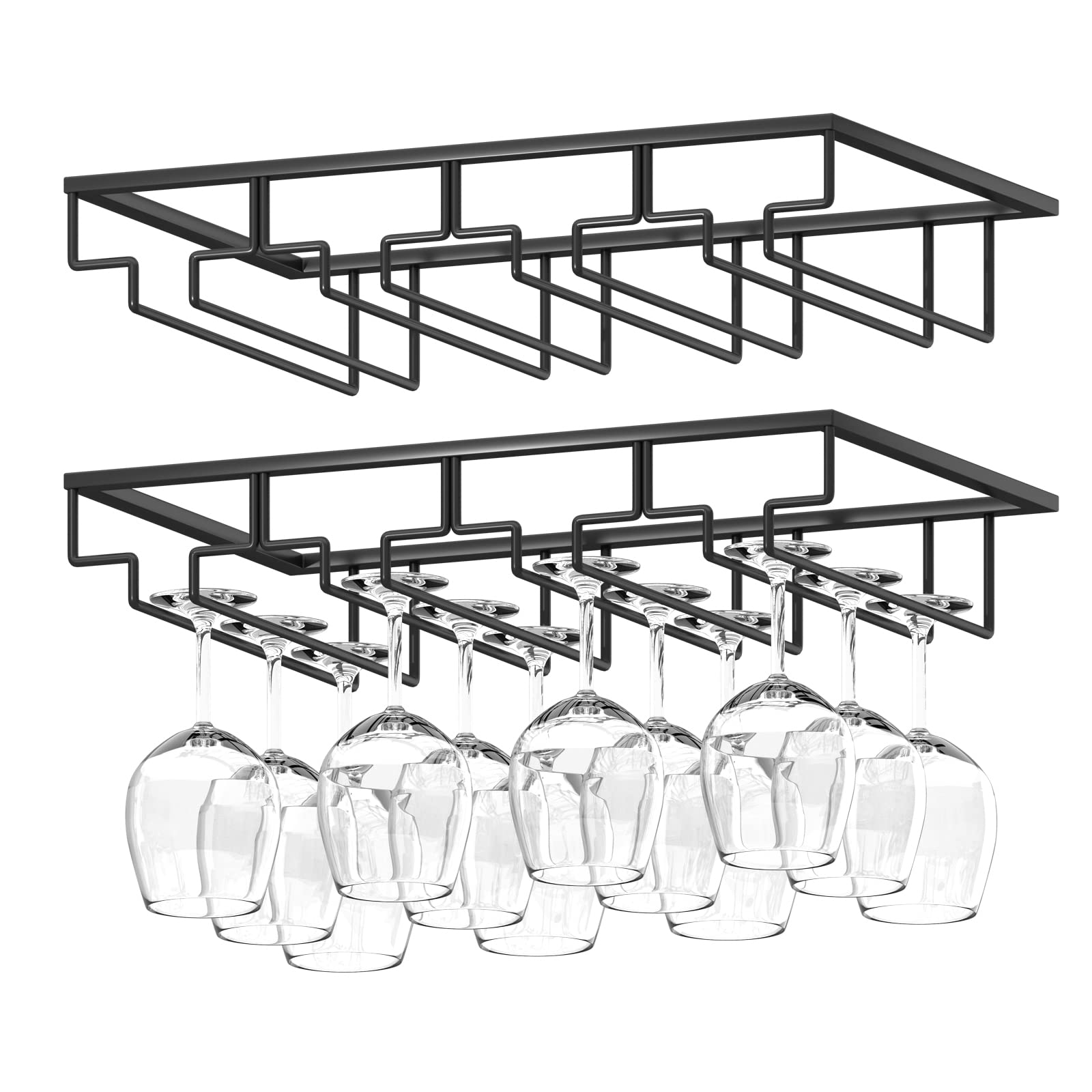 Wine Glass Rack, Under Cabinet Stemware Rack Wine Glass Holder, 3 Rows Black Metal Wine Glass Storage Hanger Under Shelf for Cabinet Kitchen Bar