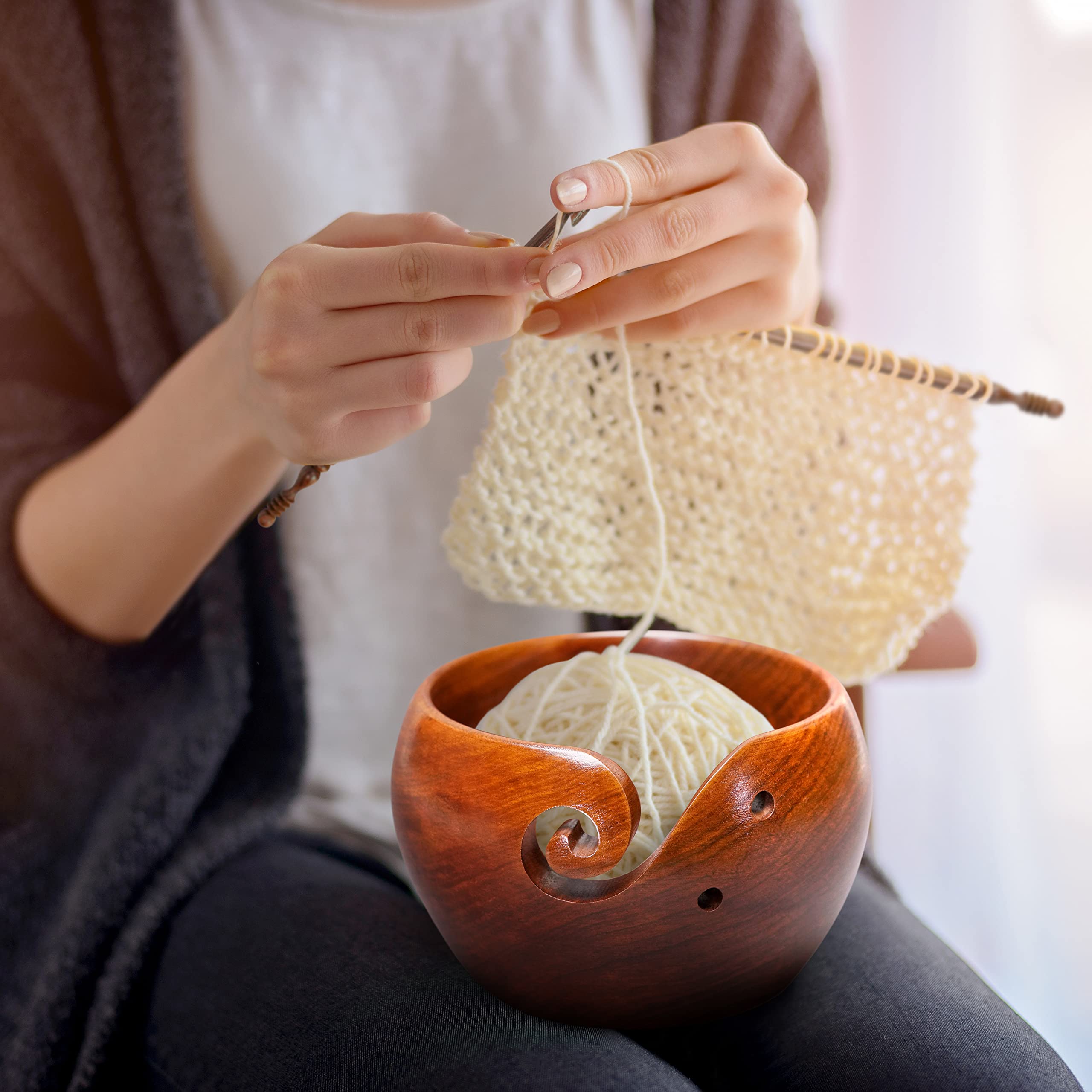 Yarn Bowl large 7 inch by 4 inch with free travel pouch and crochet hooks. Perfect Yarn Holder for Knitting and Crocheting