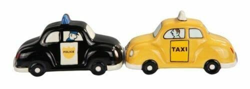 Set Of 1 Black Police Car and Yellow Taxi Cab Magnetic Ceramic Salt Pepper Shakers