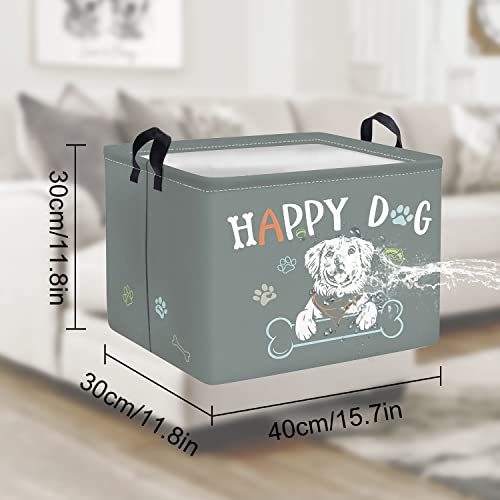 Clastyle Collapsible Happy Dog Toy Storage Bin with Handle Grey Rectangular Puppy Storage Basket for Pets Toys Clothes Leashes, 15.7x11.8x11.8 in