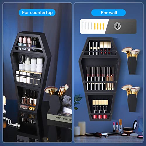Homde Large Makeup Coffin Shelf with 2 Coffin Brush Holders Solid Wood - 3 Shelf Coffin Holder for Gothi Decor - Free Standing/Wall Hanging Spooky Coffin Decor for Bedroom or Bathroom