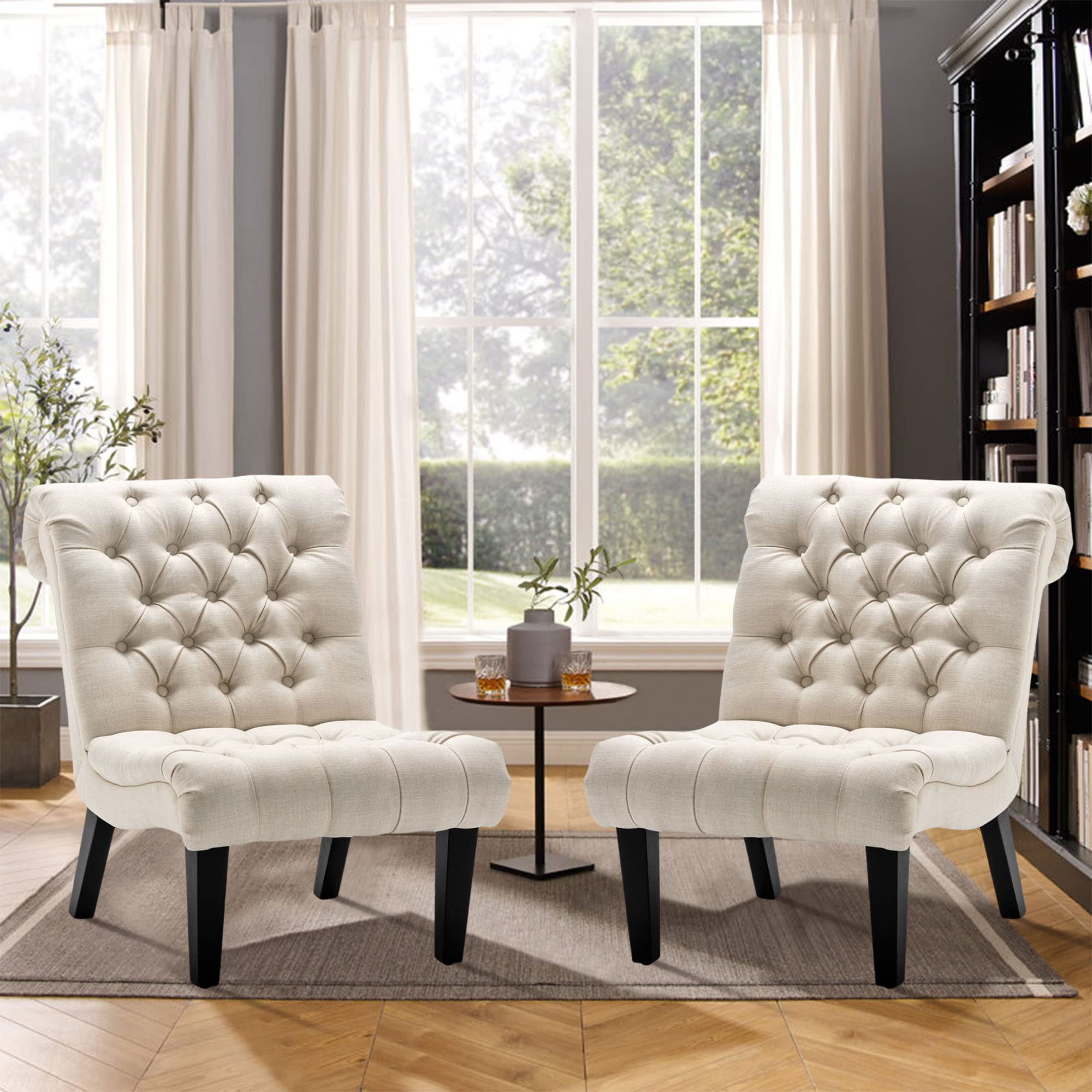 Yongqiang Accent Chairs Set of 2 Modern Armless Living Room Bedroom Chairs Upholstered Button Tufted Slipper Chairs with Solid Wood Legs Cream Fabric