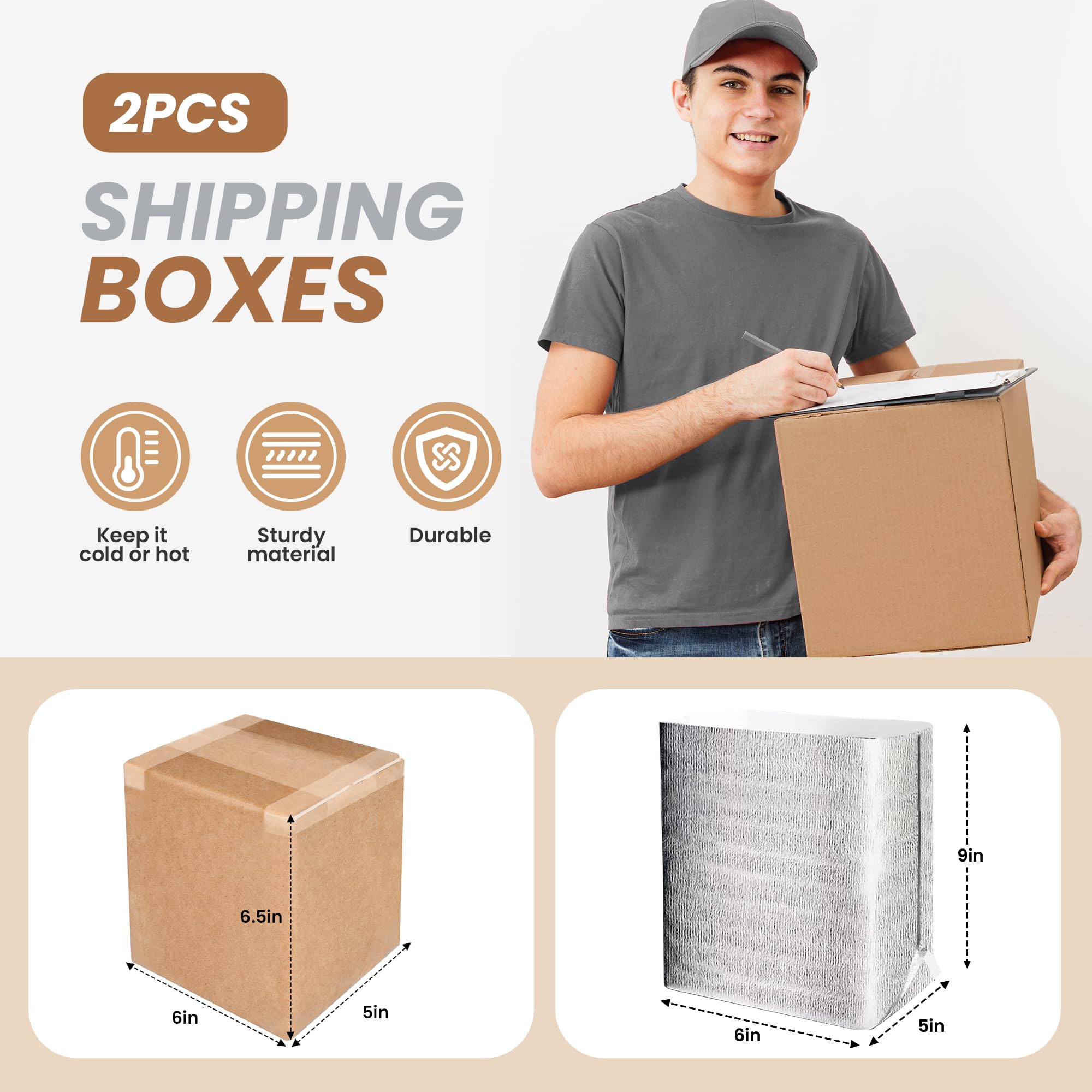 YSSOA Thermo Chill Double Insulated Carton with Foil Insulated Bag Liner, Small Mailing Box, Shipping Box for Mailing, Shipping, Packing, Moving,Box Inside Dimension 6’’x5’’x9’’, 2 Pack.