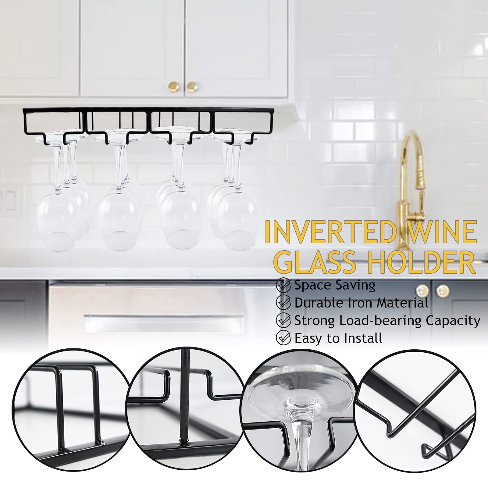 Wine Glass Rack, Under Cabinet Stemware Rack Wine Glass Holder, 3 Rows Black Metal Wine Glass Storage Hanger Under Shelf for Cabinet Kitchen Bar