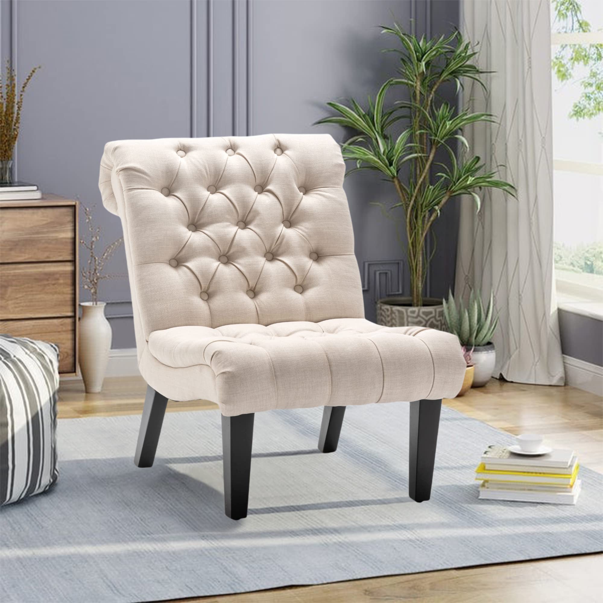 Yongqiang Accent Chairs Set of 2 Modern Armless Living Room Bedroom Chairs Upholstered Button Tufted Slipper Chairs with Solid Wood Legs Cream Fabric