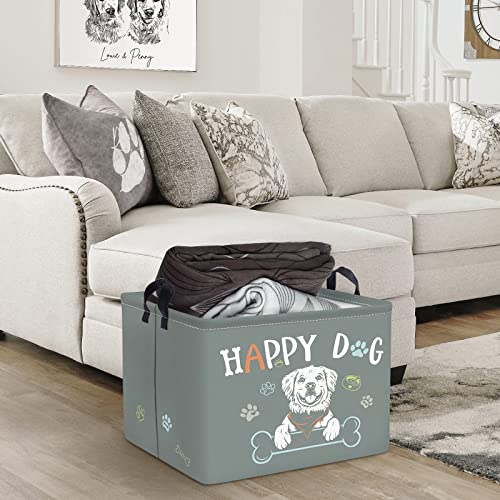 Clastyle Collapsible Happy Dog Toy Storage Bin with Handle Grey Rectangular Puppy Storage Basket for Pets Toys Clothes Leashes, 15.7x11.8x11.8 in