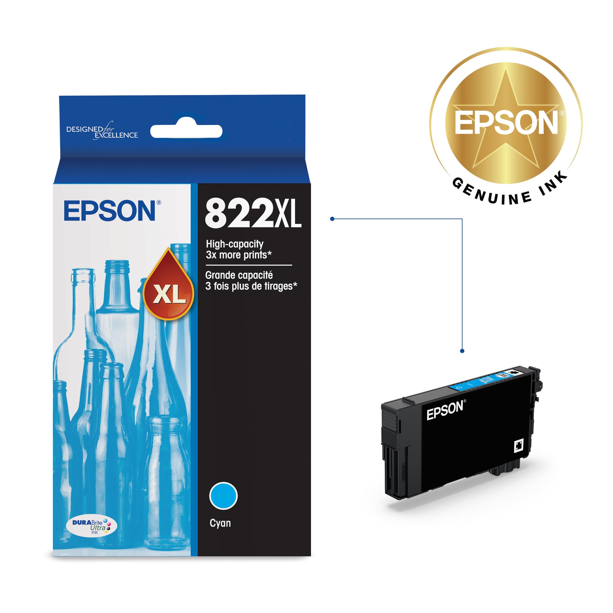 EPSON T822 DURABrite Ultra Ink High Capacity Cyan Cartridge (T822XL220-S) for Select Epson Workforce Pro Printers