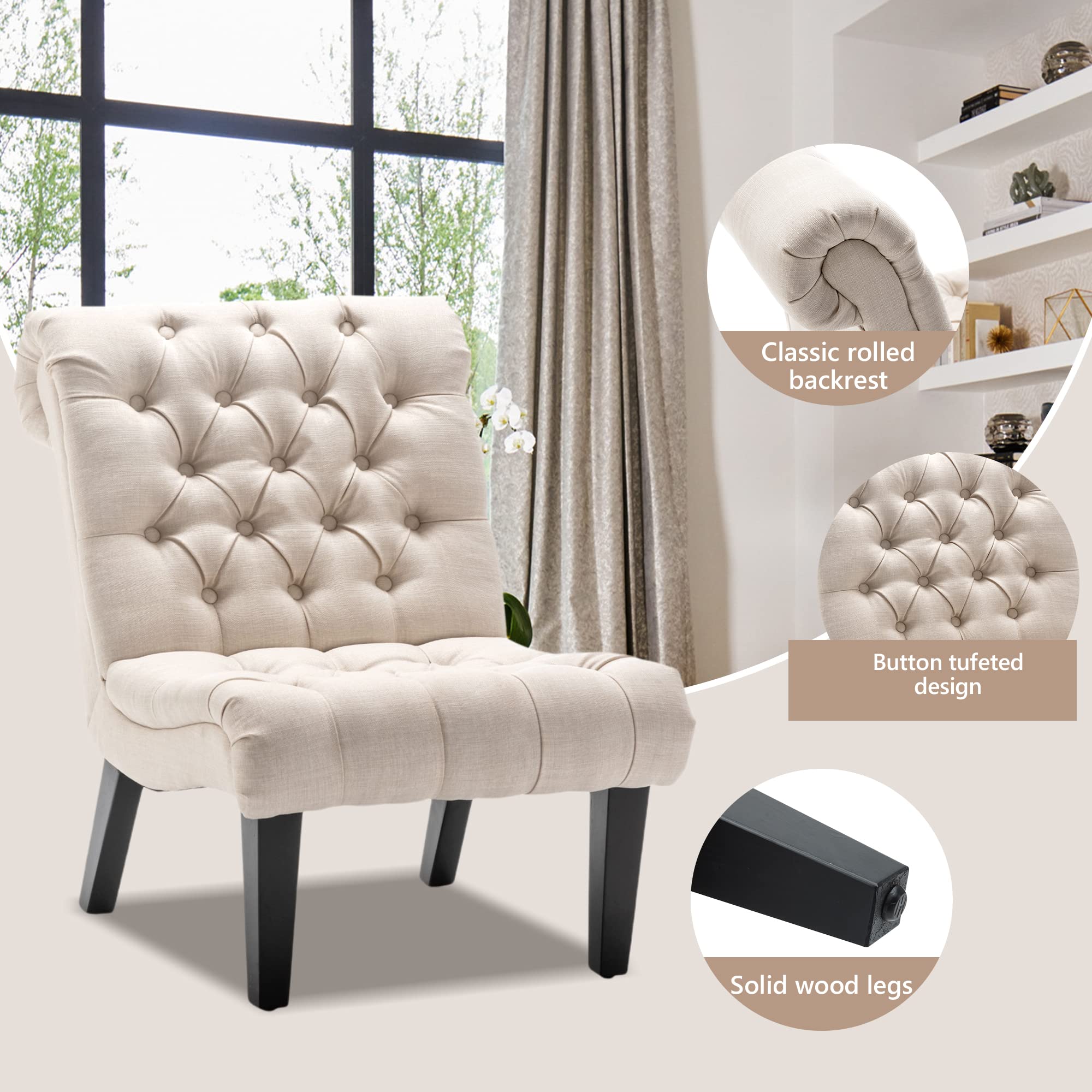 Yongqiang Accent Chairs Set of 2 Modern Armless Living Room Bedroom Chairs Upholstered Button Tufted Slipper Chairs with Solid Wood Legs Cream Fabric