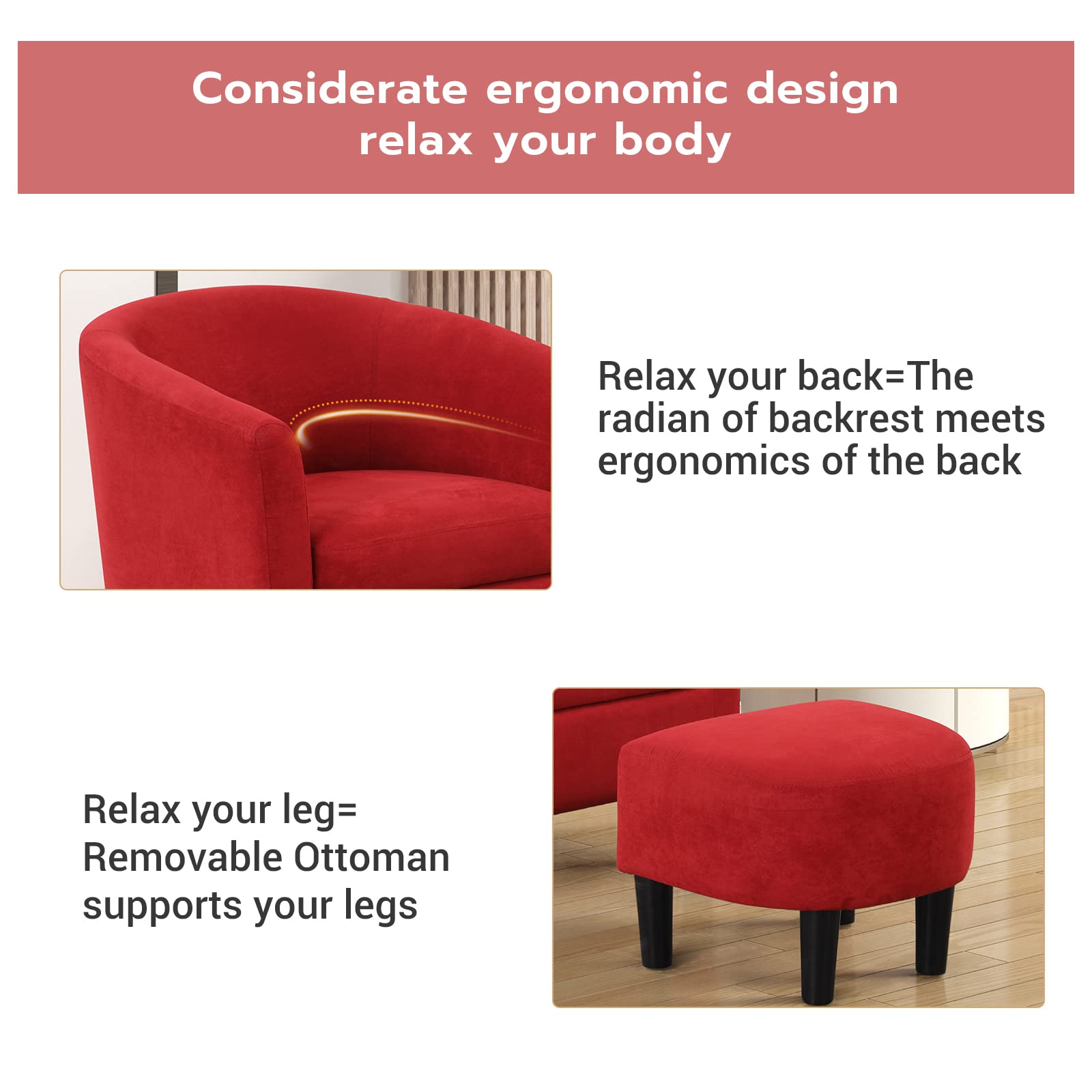 INZOY Modern Accent Chair with Ottoman, Upholstered Barrel Reading Chair with Foot Rest, Comfy Fabric Armchairs for Living Room Bedroom Small Spaces, Easy to Assemble (Red)