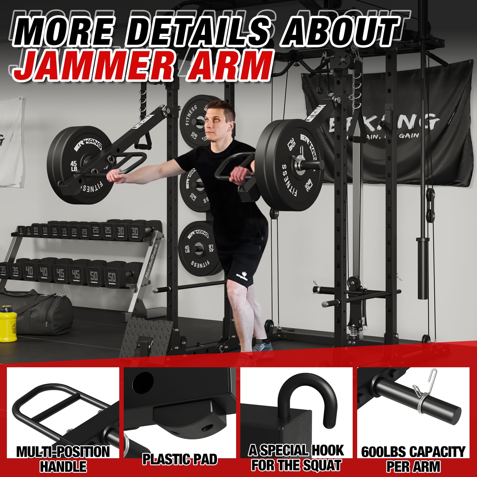 ER KANG Adjustable Jammer Arms for Power Cage, Fit 2"x2" Power Cage, 600LBS Capacity Lever Arm, Squat Rack Attachment for Body Strength Training Home Gym (50mm*50mm)