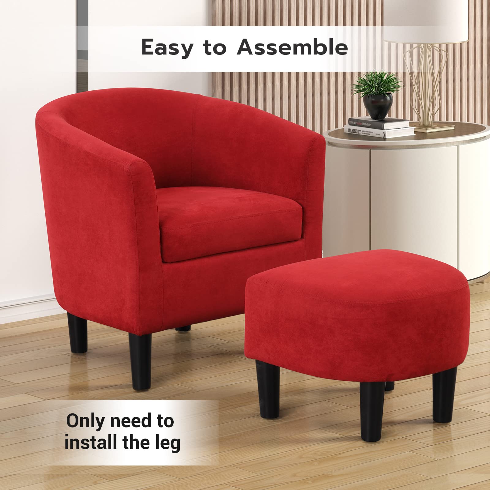 INZOY Modern Accent Chair with Ottoman, Upholstered Barrel Reading Chair with Foot Rest, Comfy Fabric Armchairs for Living Room Bedroom Small Spaces, Easy to Assemble (Red)