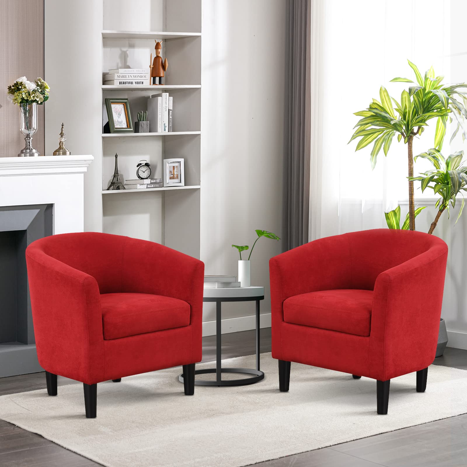 INZOY Modern Accent Chair with Ottoman, Upholstered Barrel Reading Chair with Foot Rest, Comfy Fabric Armchairs for Living Room Bedroom Small Spaces, Easy to Assemble (Red)