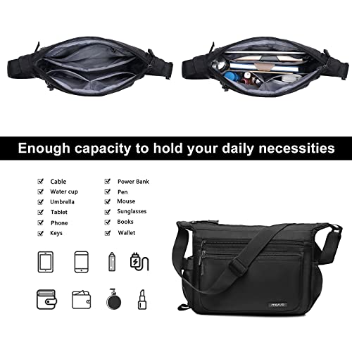 MOSISO Crossbody Bag Casual Shoulder Bag for Women Men, Waterproof Multifunction Handbag Travel Messenger Bag with 2 Horizontal Pockets, Black