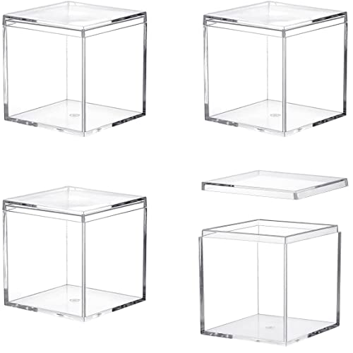 Acrylic Box,4 Packs 4x4x4 Inch Clear Boxes with Lids Transparent Display Square Cube Storage Organizer Containers Boxes Easter Party Cake Candy Box Wedding Birthday Decorative Boxes
