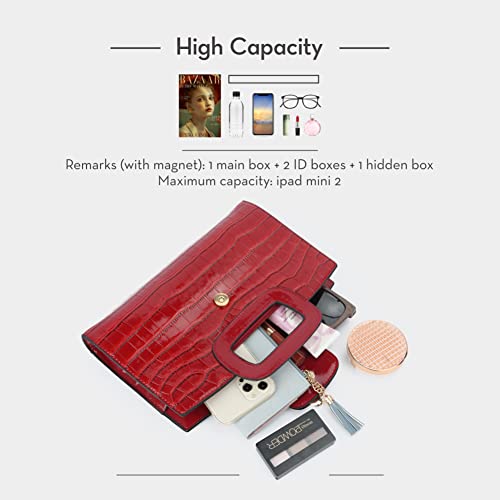LUPBOK Women Top Handle Satchel Handbags Flap Tote Clutch Purse Vintage Crocodile Pattern Shoulder Bag,Red