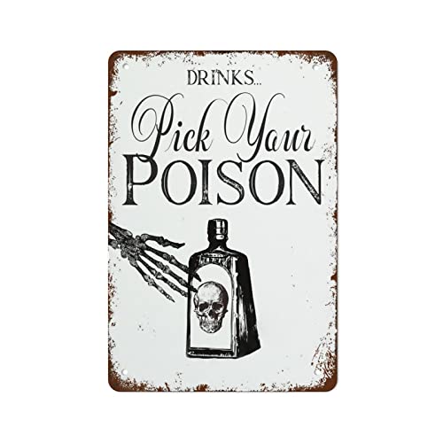 NAMEY Halloween Sign, Drink Bar Sign, Pick Your Poison, Halloween Decor, Halloween Decor, Halloween Sign, Wedding Sign, Potion Retro Metal Tin Sign Vintage Sign for Home Coffee Wall Decor 12 x 8 Inch