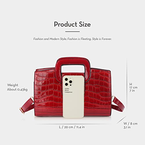 LUPBOK Women Top Handle Satchel Handbags Flap Tote Clutch Purse Vintage Crocodile Pattern Shoulder Bag,Red