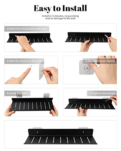 Amythe Floating Wall Shelf, Floating Shelves Wall Mounted for Bathroom/Kitchen/Laundry Room/Over-The-Toilet Storage, No Drilling Rustproof Space Aluminum Bathroom Shelf, Black, 11.8 inches