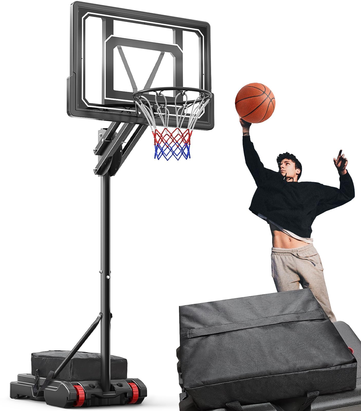 Atufare Portable Basketball Hoop Outdoor for Kids Youth - 5.5FT-9.5FT Easy Height Adjustable Stand System w/Shatterproof Backboard - Indoor Outside Basketball Goal Court with Free Weighted Bag, Black