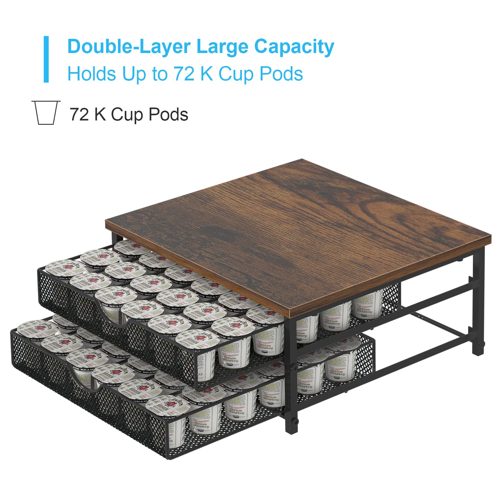 Coffee Pod Holder For Counter, Coffee Pod Drawer for K Cup Storage Drawer Holder, 72 Capacity Pods Storage Organizer for K Cups Capsule Storage with Sliding Baskets for Coffee Station, Black