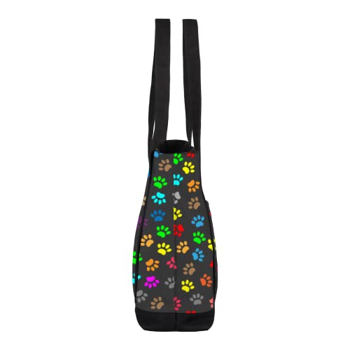 Colorful Cat Dog Paw Canvas Totes Shoulder Bag for Women Girls, Animal Paw Print Handbag with External Pockets Daily Essentials Large Top Zipper Cloth Bag