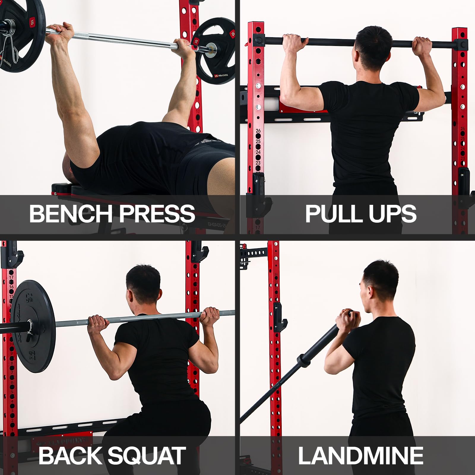 Mappding Folding Squat Rack Wall Mounted, 1100LBS Foldable Squat Power Rack Weight Cage with Pull Up Bar, J-Cups, Landmine and Partable Space Saving Free Standing for Home Gym Garage Workout, Red