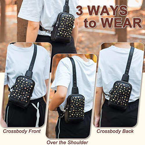 CENUNCO Genuine Leather Sling Bag for Women Small Leather Crossbody Sling Backpack Rivet Style Chest Anti-Theft Black Phone Purse with Card Slots Casual Daypack